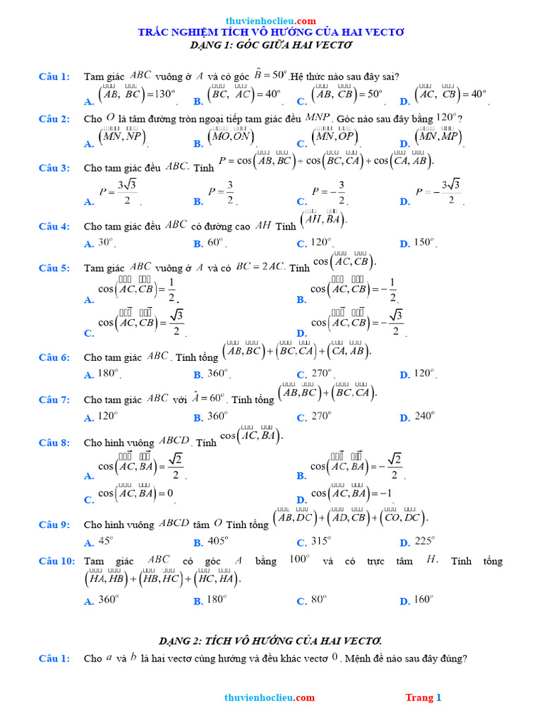 Trac Nghiem Bai 11 Tich Vo Huong Cua Hai Vecto | PDF