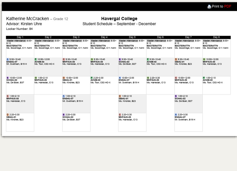 Grade 12 Student Schedule 2023 | PDF