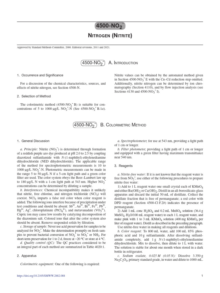 Nitrite Colorimetric Analysis Method | PDF | Titration | Chemistry