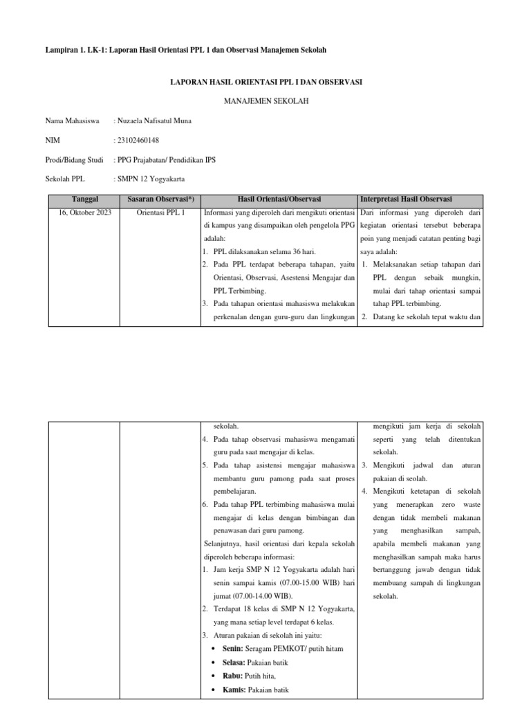 Laporan Orientasi PPL dan Observasi | PDF