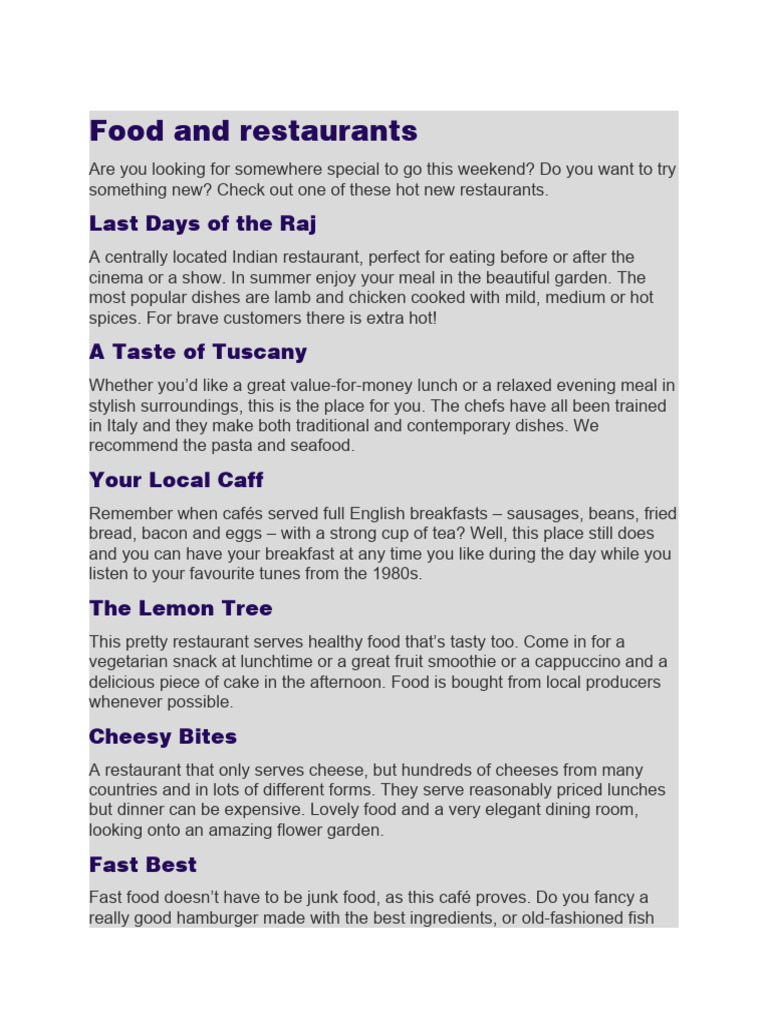 Food and Restaurants | PDF | Meal | Lunch