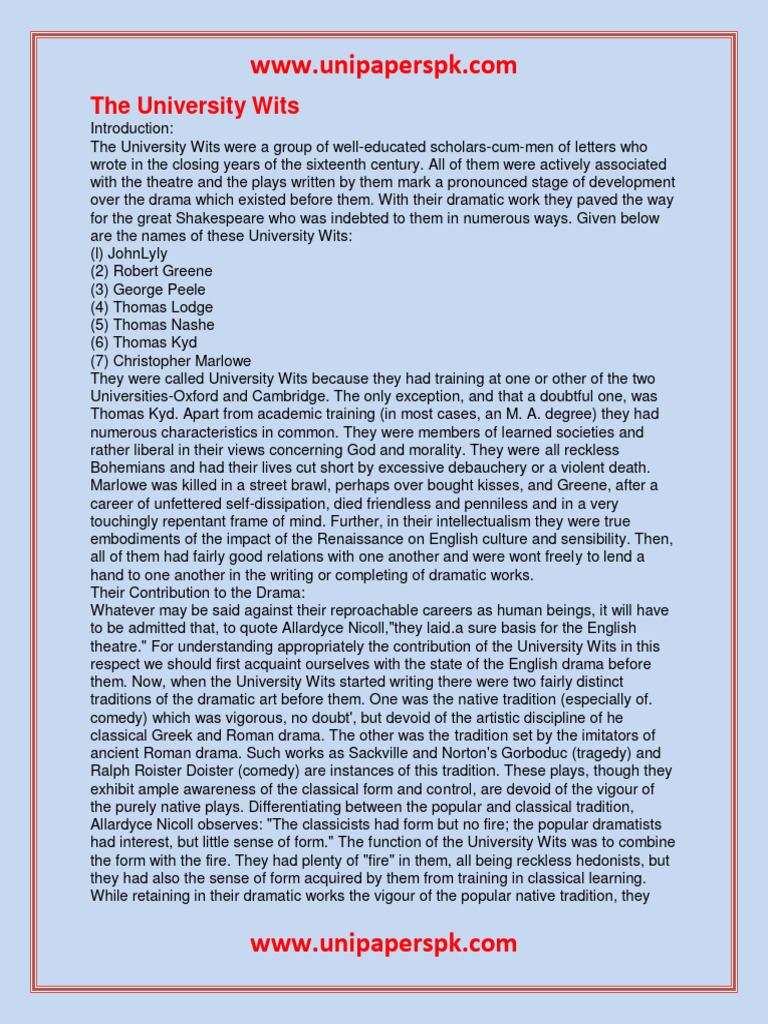Literary Essay The University Wits | PDF | Tragedy | Christopher Marlowe
