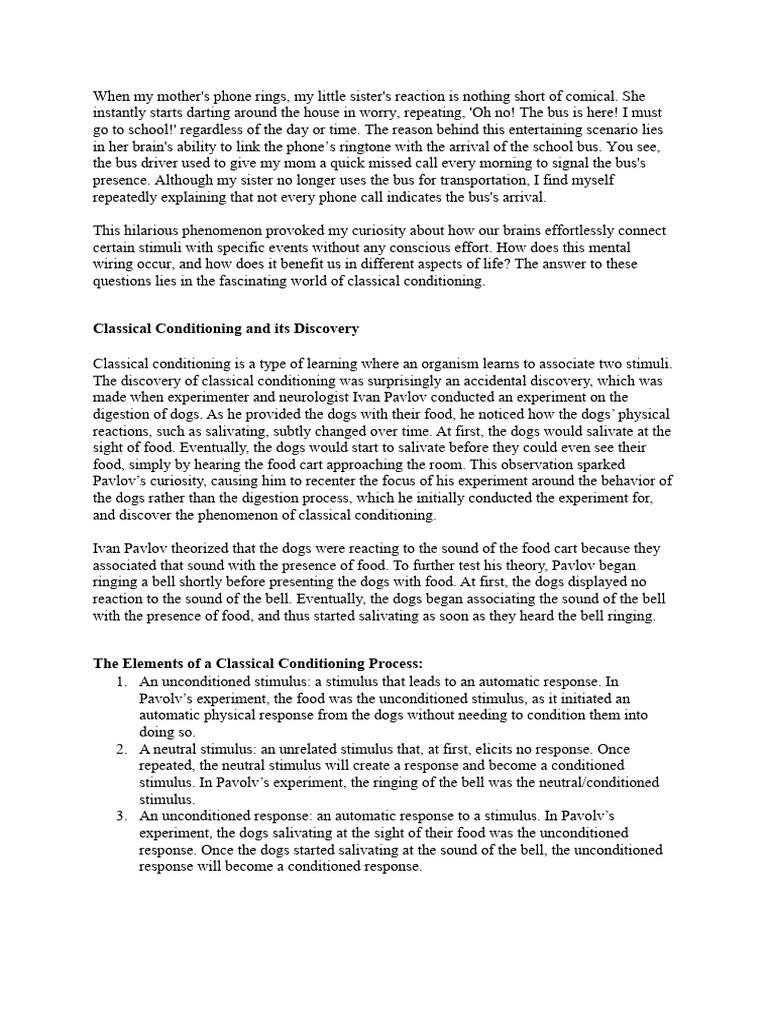 Classical Conditioning - First Draft - Lana Dhaou | PDF | Classical Conditioning | Psychological ...