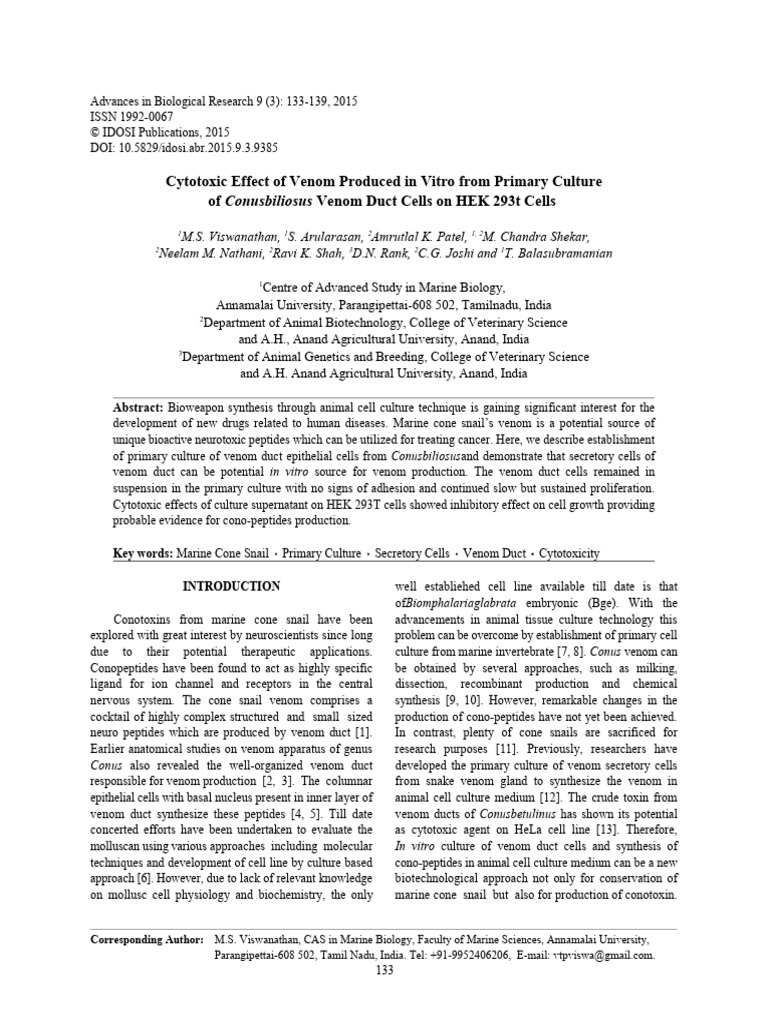 Cytotoxic Effect of Venom Produced in Vi | PDF | Cell Culture | Biology