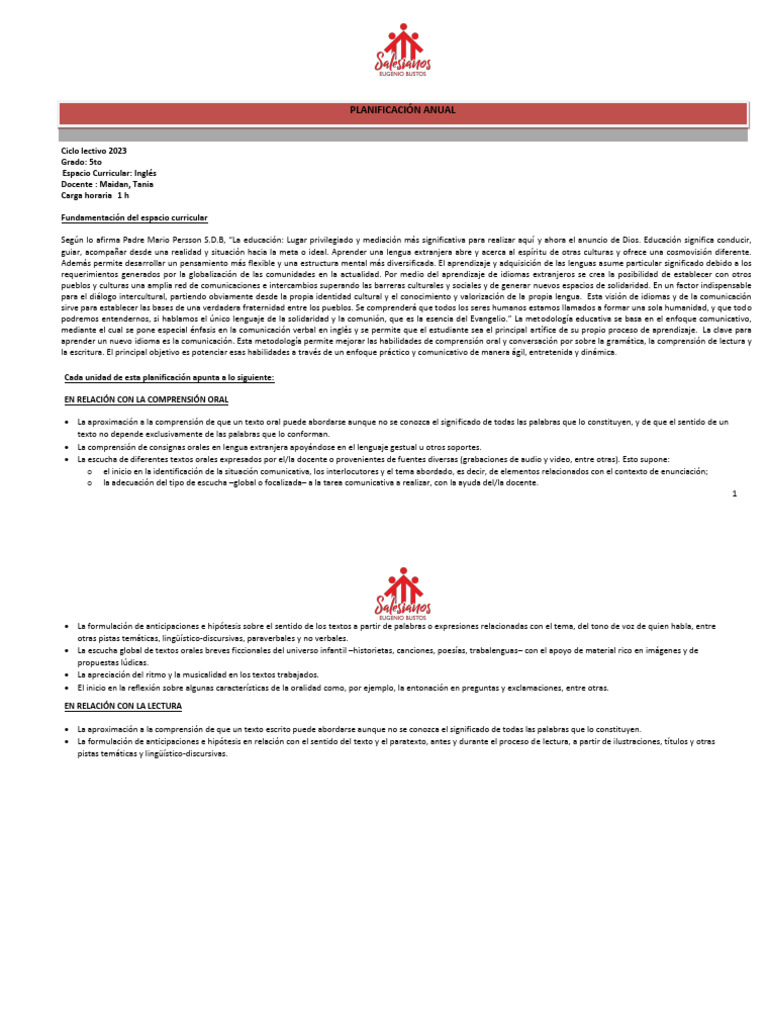 Planificacion Anual Quinto Grado | PDF