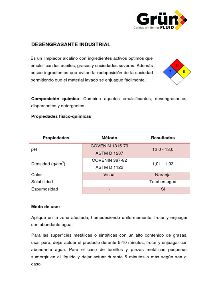 Desengrasante Industrial Ficha Técnica GRUN | PDF