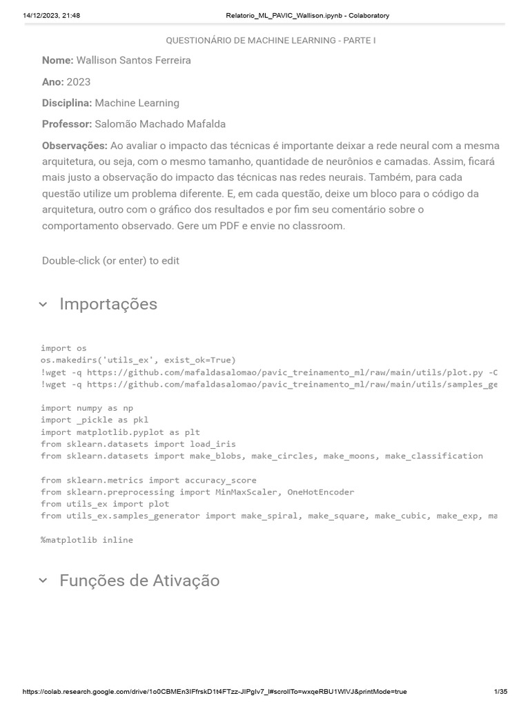 Relatorio - ML - PAVIC - Wallison - Ipynb - Colaboratory | PDF | Machine Learning | Artificial ...
