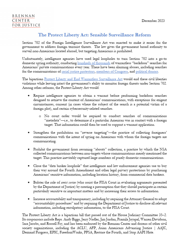 Protect Liberty Act One-Pager December 2023 | PDF