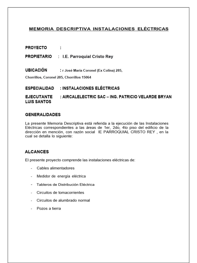 MEMORIA DESCRIPTIVA INSTALACIONES ELECTRICAS (1)final1 | PDF | Cobre | Conductor electrico