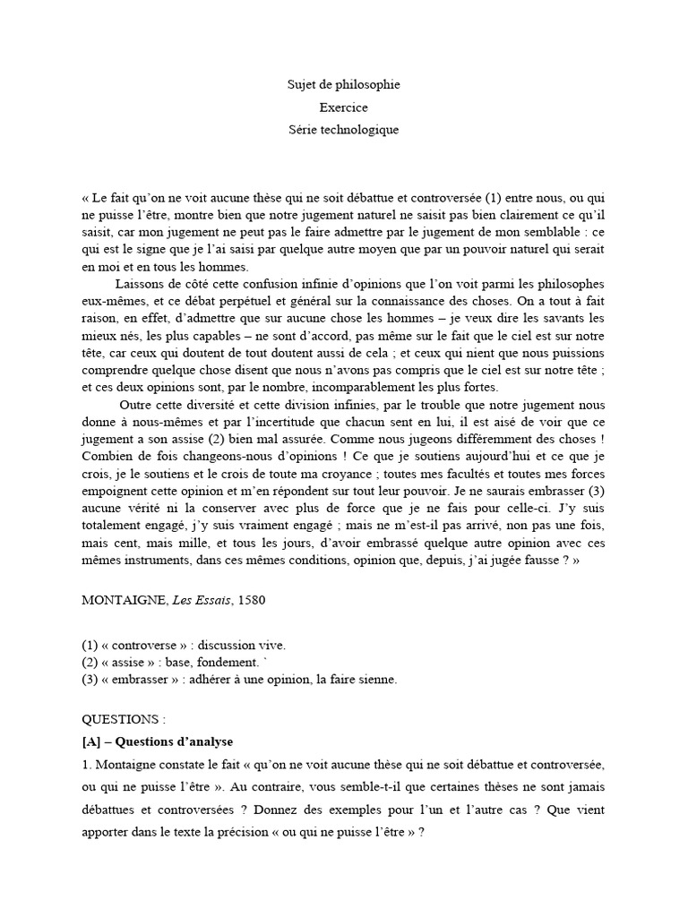 Sujet de Philosophie Exercice Série Technologique | PDF