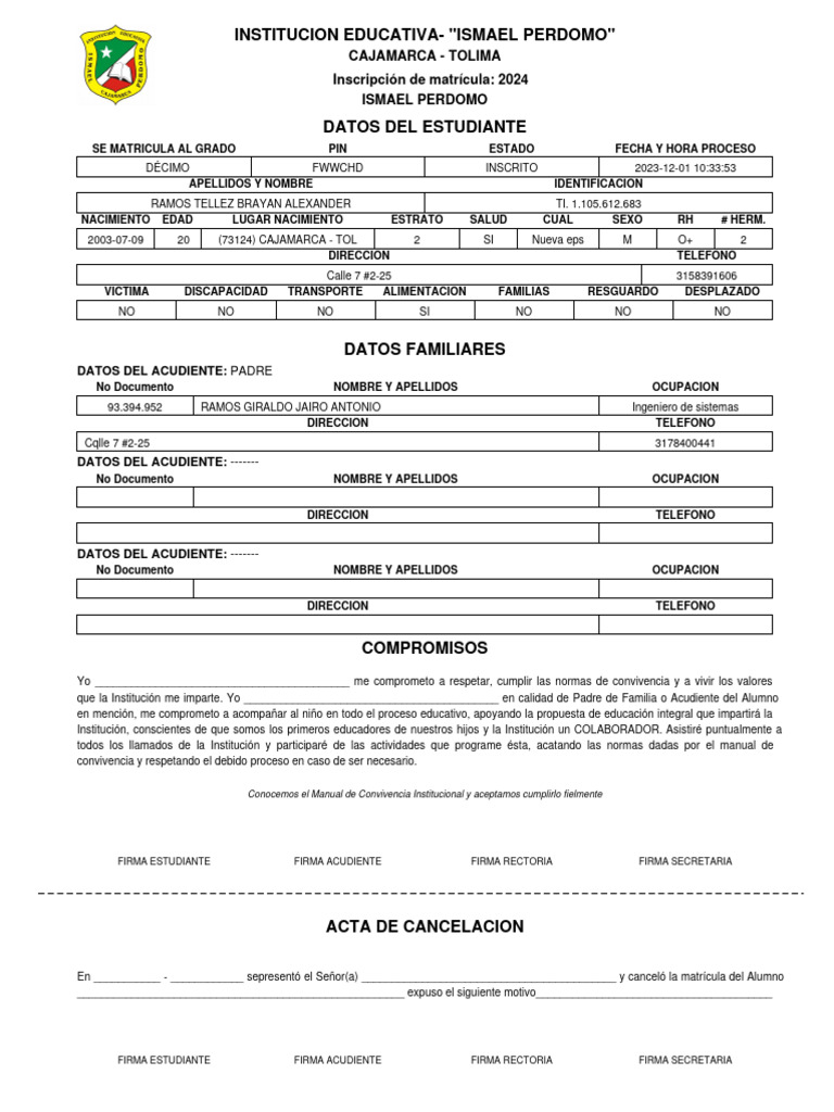Matrícula 2024 en Ismael Perdomo | PDF