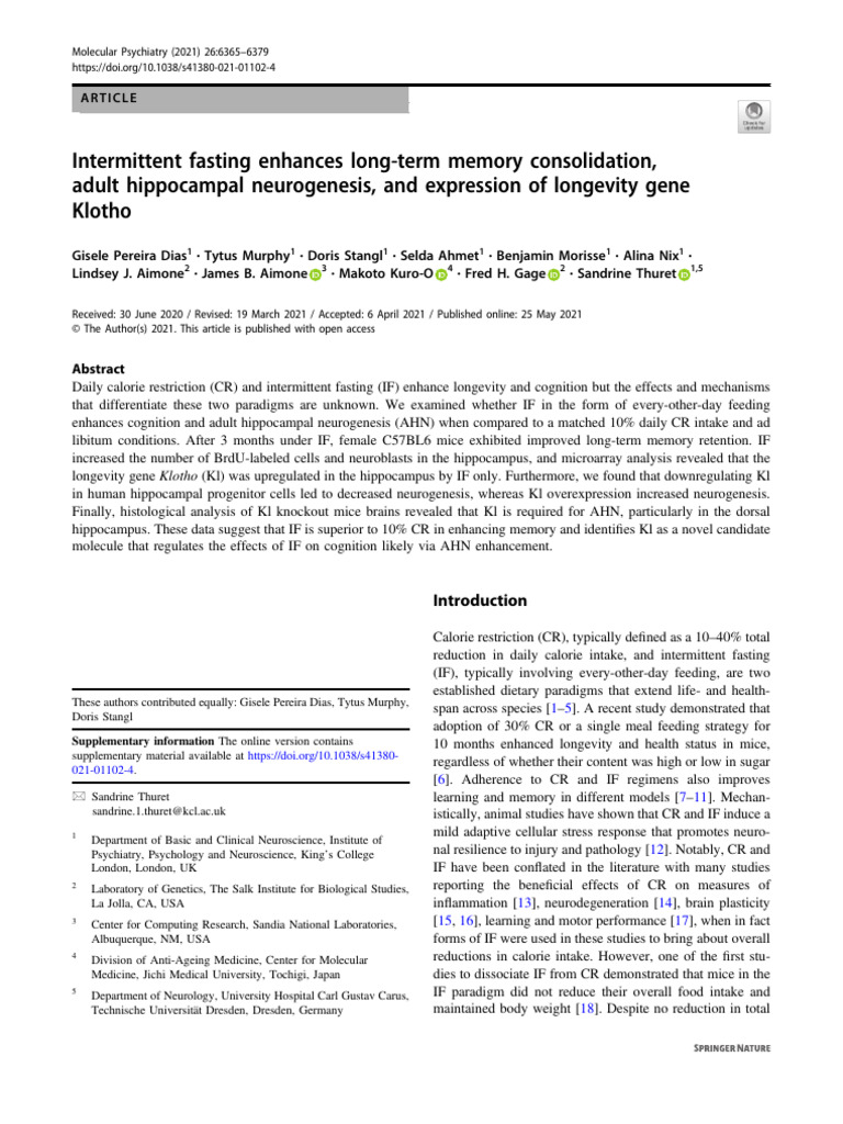 Intermittent Fasting Enhances Long-Term Memory Consolidation, Adult Hippocampal Neurogenesis ...