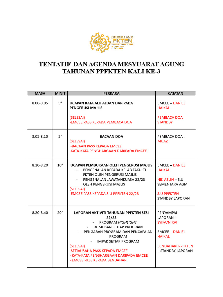 Tentatif Dan Agenda Mesyuarat Agung Tahunan Ppfkten Kali Ke | PDF