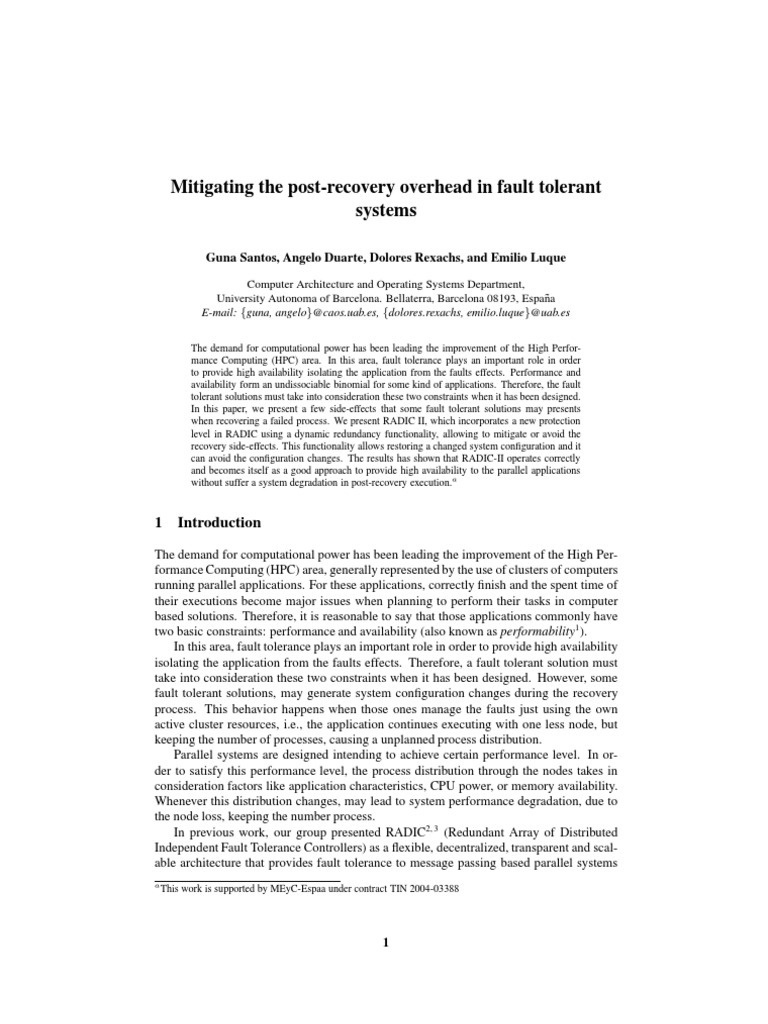 Mitigating The Post-Recovery Overhead in Fault Tolerant Systems | Download Free PDF | Fault ...