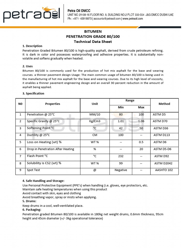 Bitumen 80/100 Technical Data Sheet | PDF | Road Surface | Materials
