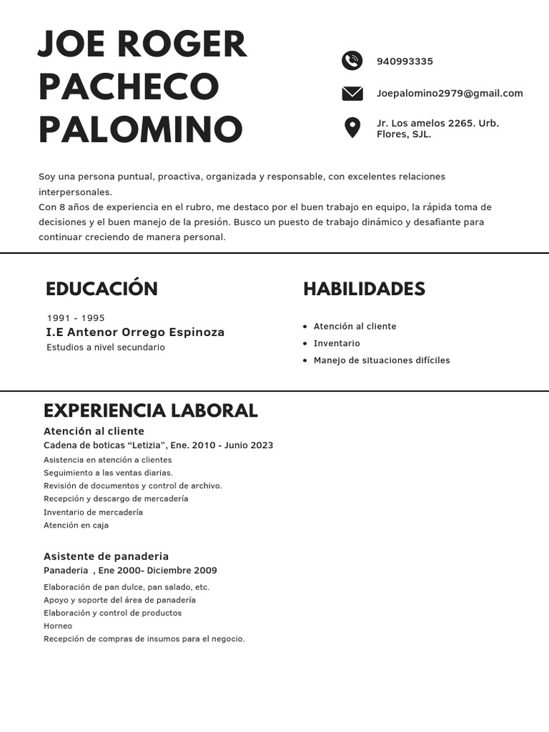 CV - Joe Pacheco Palomino | PDF | Relaciones personales, crianza y ...