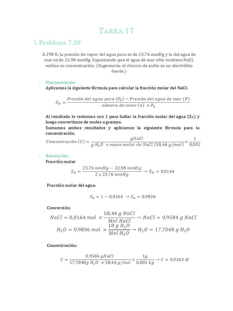 Tarea 17 - Problemas | PDF | Agua | Cloruro de sodio