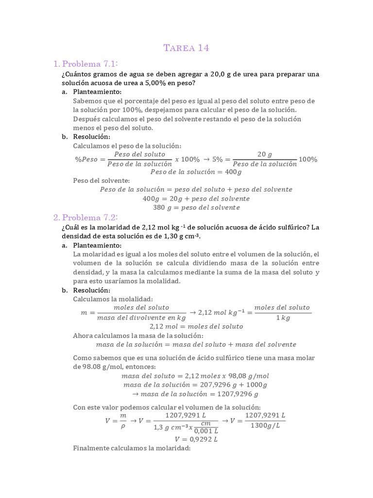 Tarea 14 - Problemas Cap7 | PDF | Concentración | Concentración molar