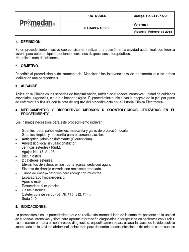 Protocolo de Paracentesis en Ascitis | PDF | Abdomen | Gastroenterología