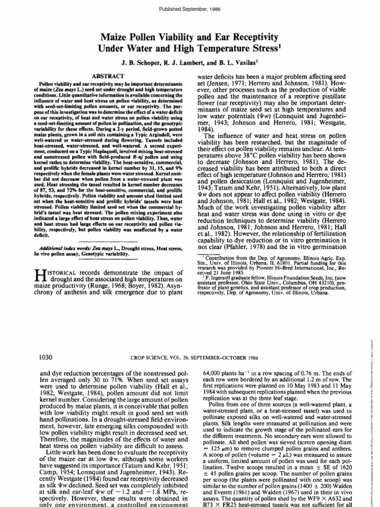 Maize Pollen Viability and Ear Receptivity Under Water and High ...