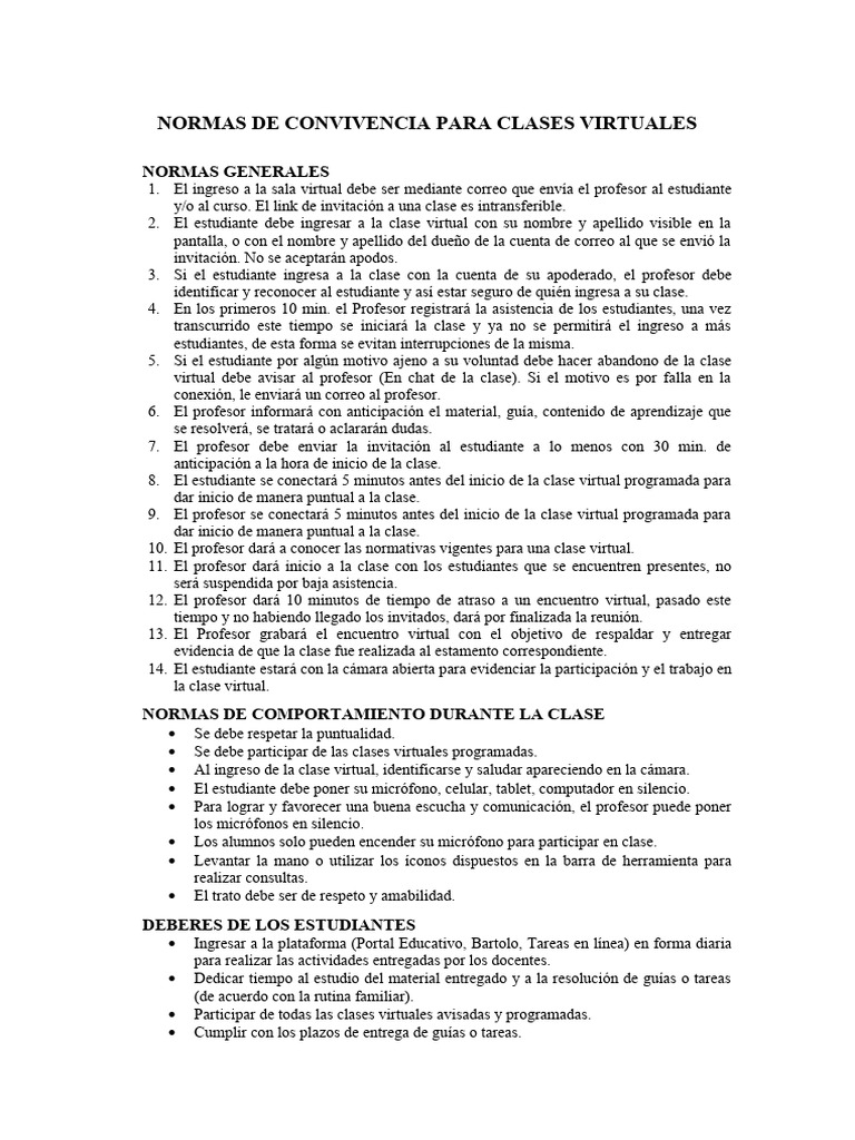 NORMAS DE CONVIVENCIA PARA CLASES VIRTUALES | PDF | Maestros | Chat en ...