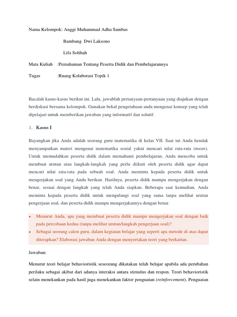 Ruang Kolaborasi Topik 1 Pemahaman Peserta Didik | PDF