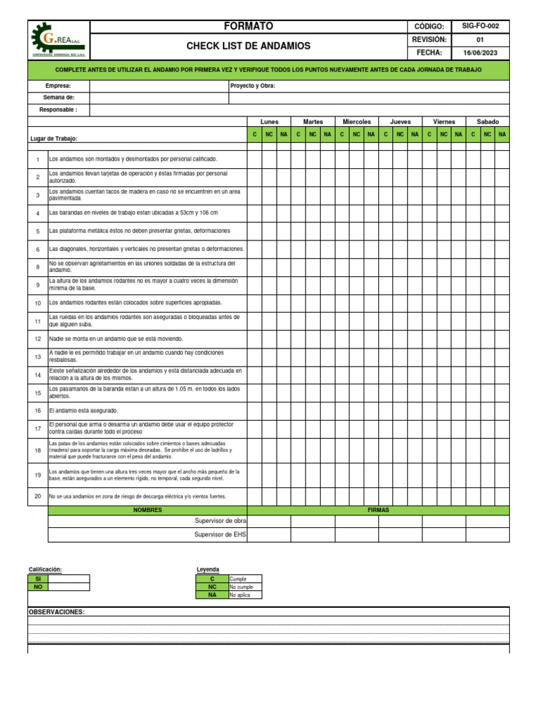 SIG-FO-002 Check List de Andamios | PDF