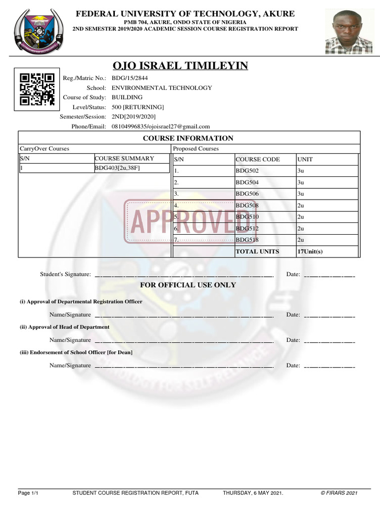 OJO ISRAEL TIMILEYIN Course Registration | PDF