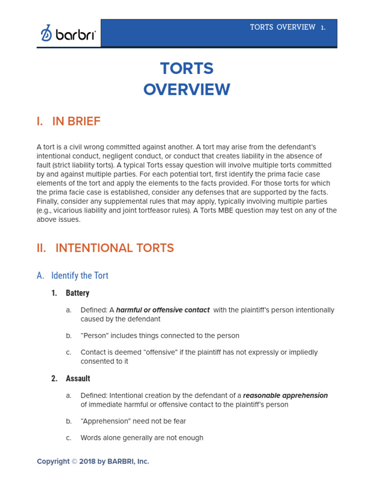 Torts Overview | PDF | Negligence | Tort