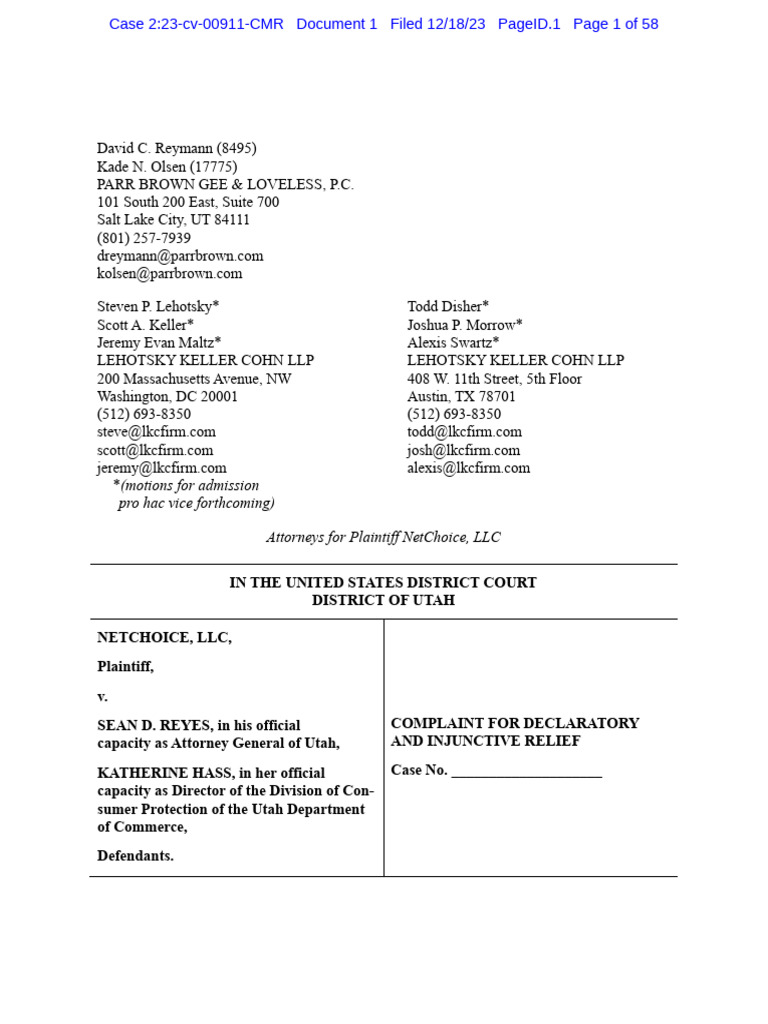 Complaint for declaratory and injunction relief, NetChoice v. Sean Reyes | PDF | You Tube ...