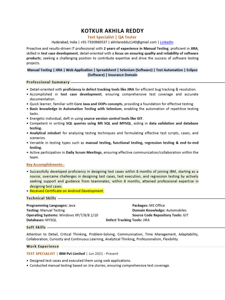 QA Test Specialist Resume - Akhila Reddy | PDF | Software Testing ...