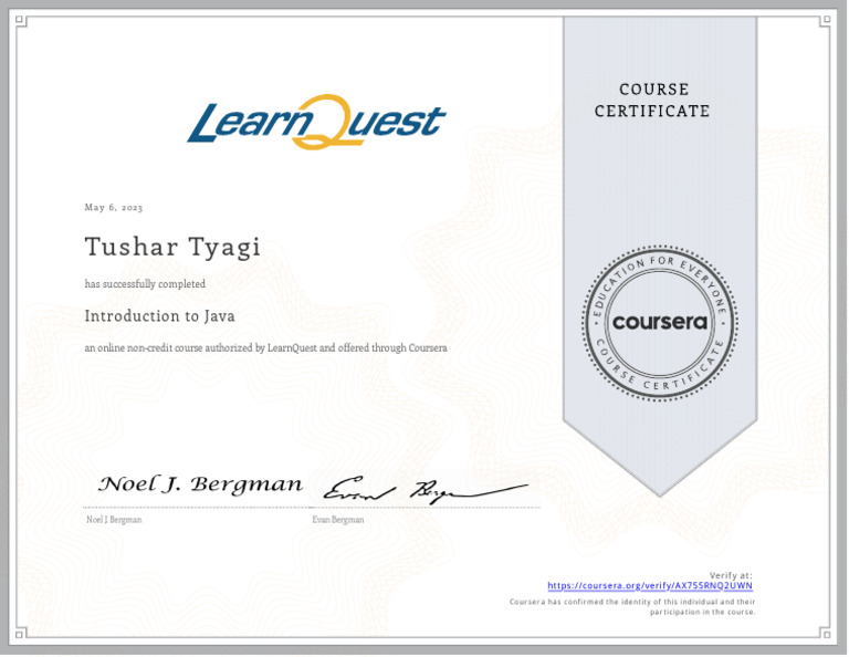 Tushar Java Coursera Certificate Pdf