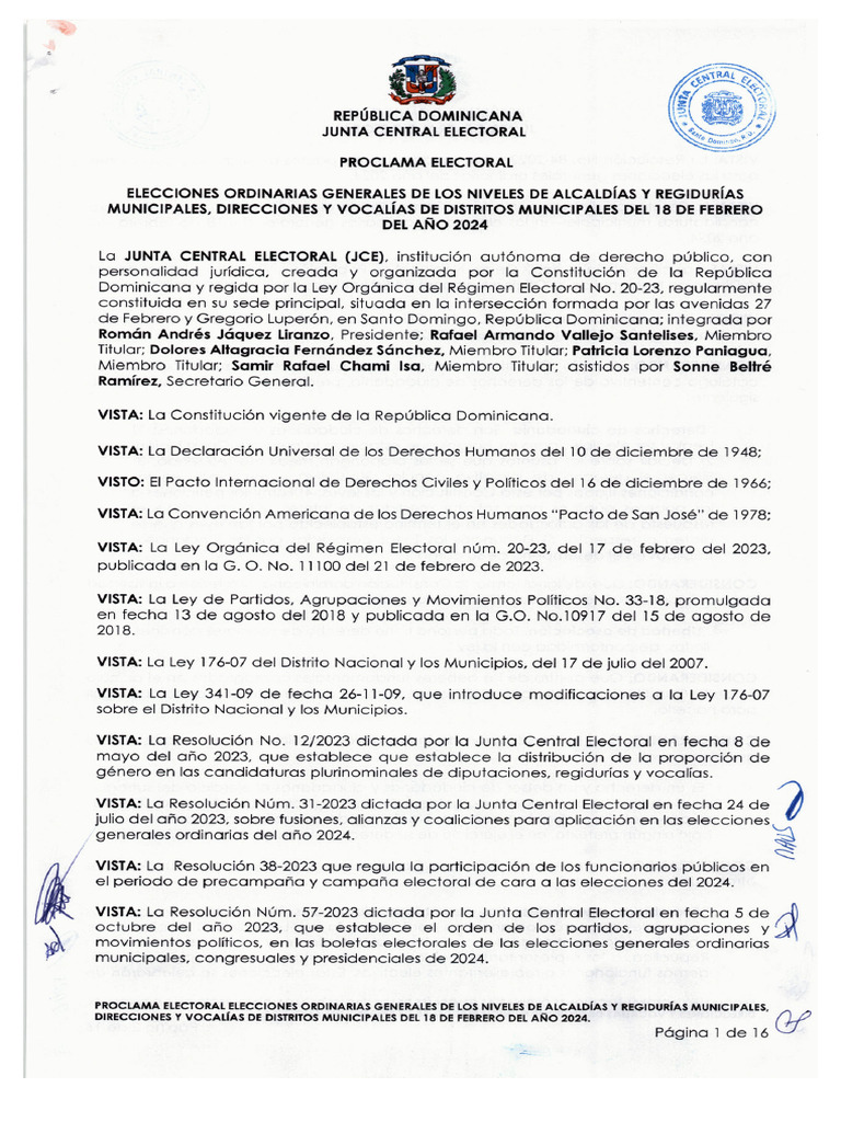Proclama Electoral Elecciones Ordinarias Generales Febrero 2024 | PDF