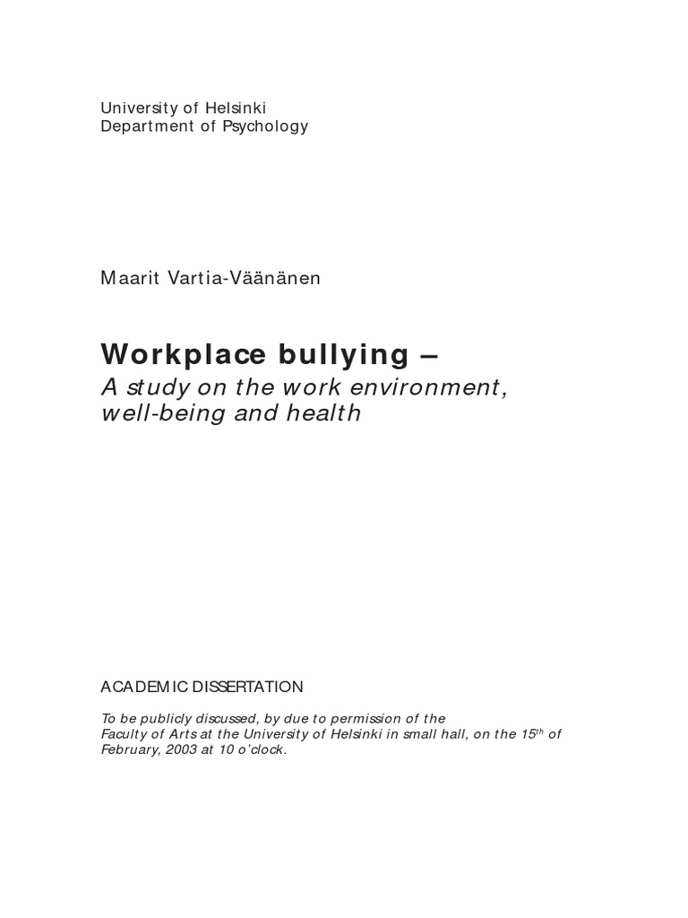 Workplace Bullying A Study On Work Environment Well Being and Health ...