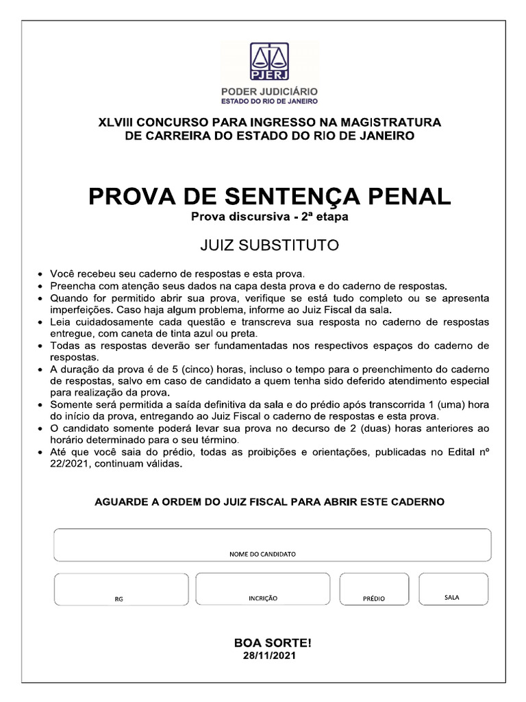 Prova de Sentença Penal TJRJ JUIZ SUBSTITUTO 2021 | PDF