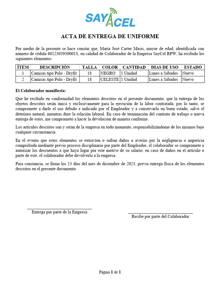 Acta de Entrega de Uniforme | PDF