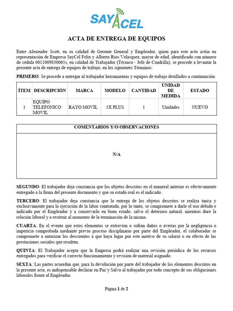 ACTA DE ENTREGA EQUIPO | PDF | Clase obrera | Economias