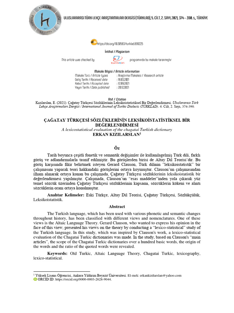 A Lexicostatistical Evaluation of The Chagatai Turkish Dictionary | PDF