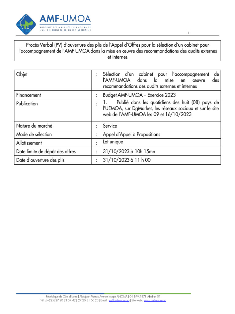 Procès-Verbal (PV) D'ouverture Des Plis | PDF