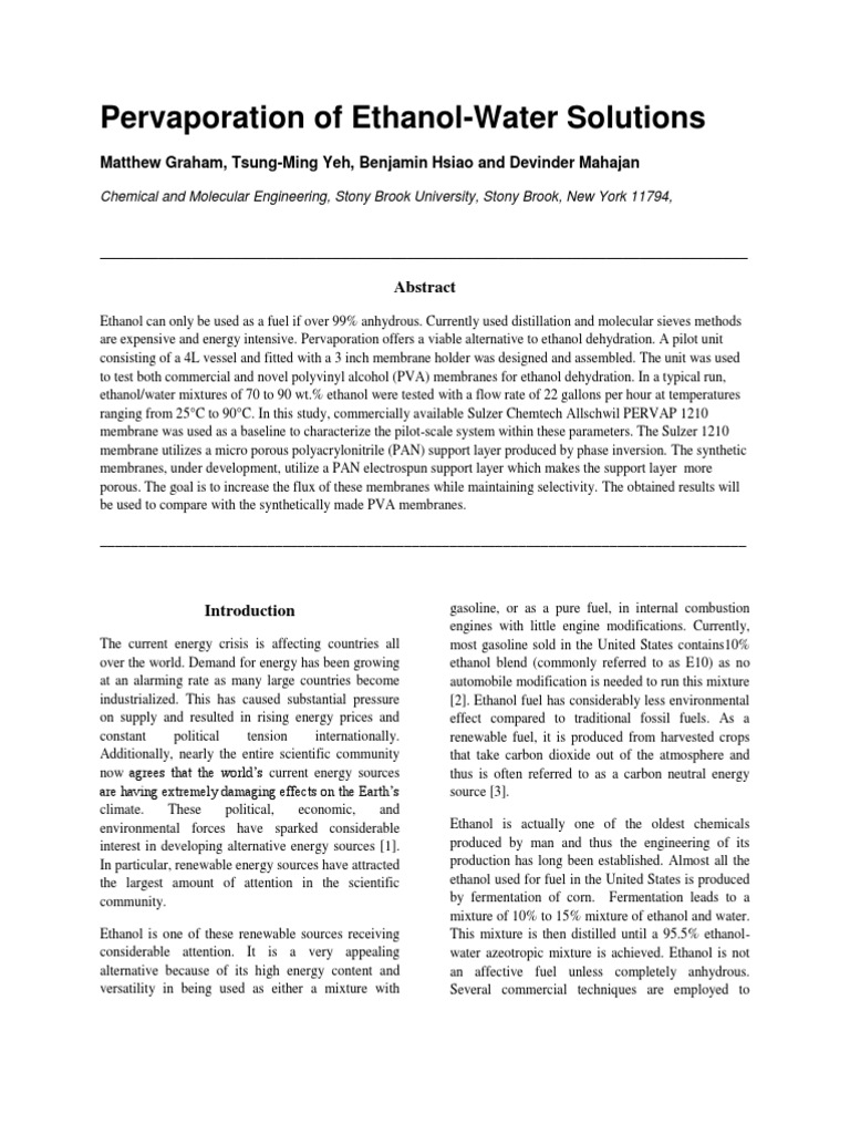 Pervaporation of Ethanol-Water Solutions: Matthew Graham, Tsung-Ming ...