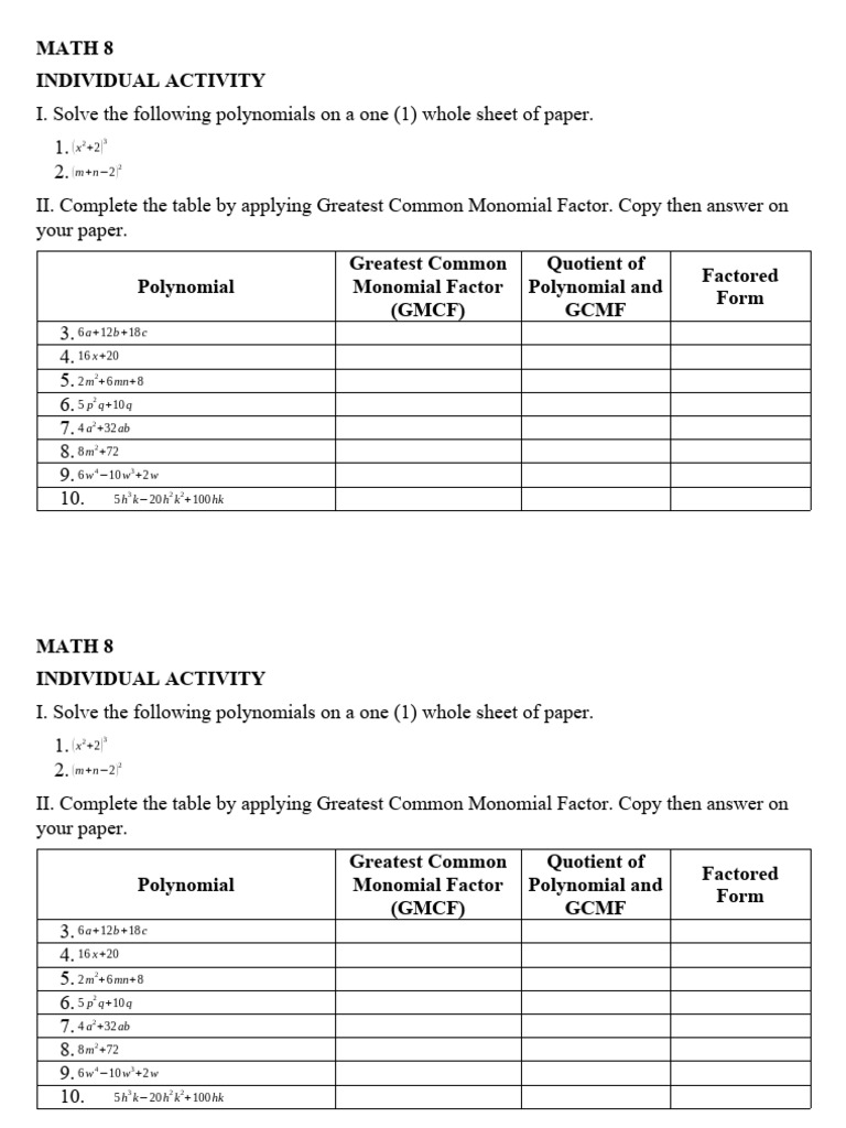 MATH 8 - Activity Worksheet 1 | PDF