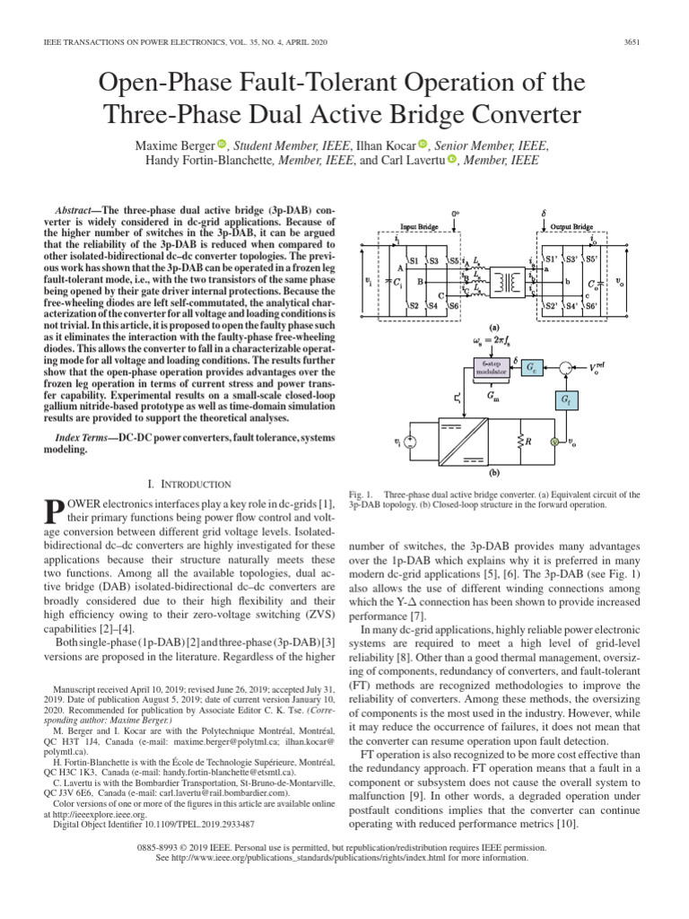 Open Phase Fault Tolerant Operation Of The Three Phase Dual Active