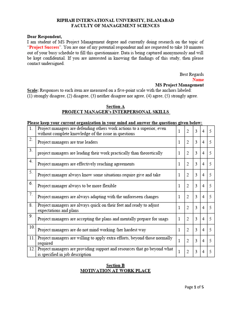Project Success Survey Questionnaire | PDF | Psychology | Cognition