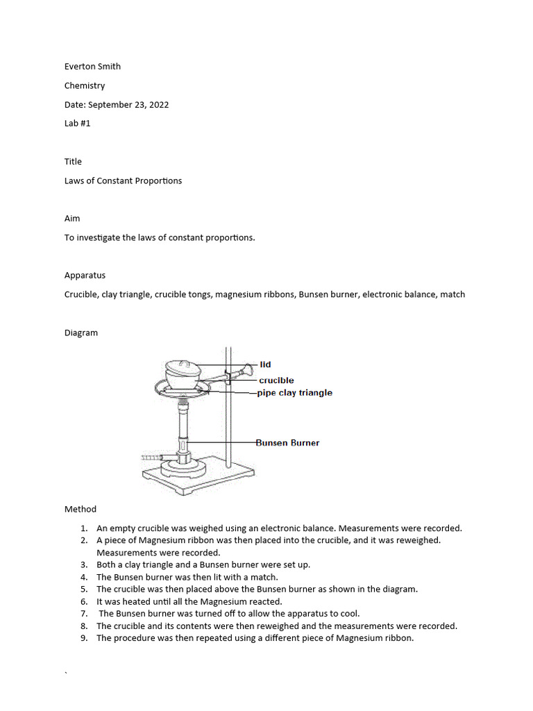 Chemistry Lab: Constant Proportions | PDF | Magnesium | Mole (Unit)