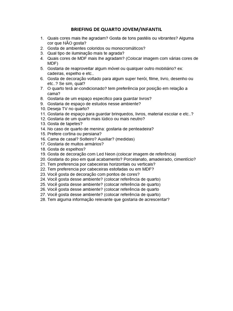 BRIEFING+DE+QUARTO+JOVEM_INFANTIL | PDF