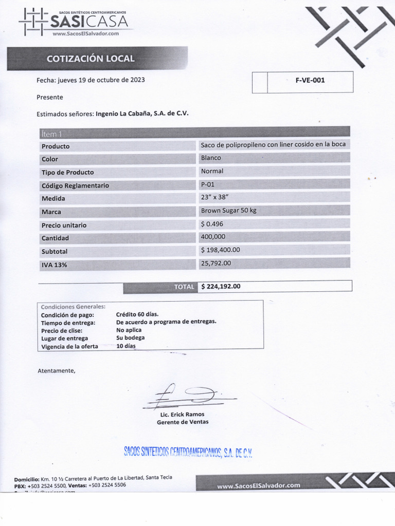 Cotización Ingenio La Cabaña | PDF