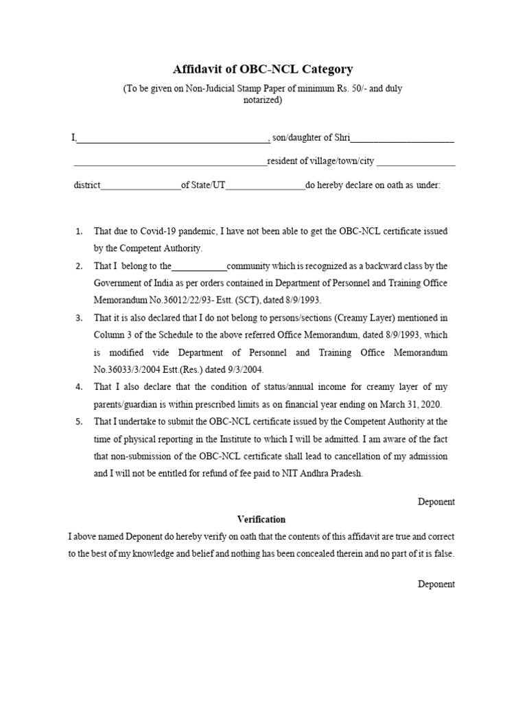 Annexure D - Affidavit-OBC-NCL - MBA Adm-2021 | PDF