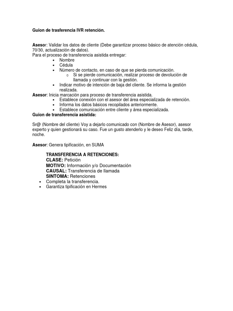 2021-12-17 - Guion de Transferencia Ivr Retención | PDF