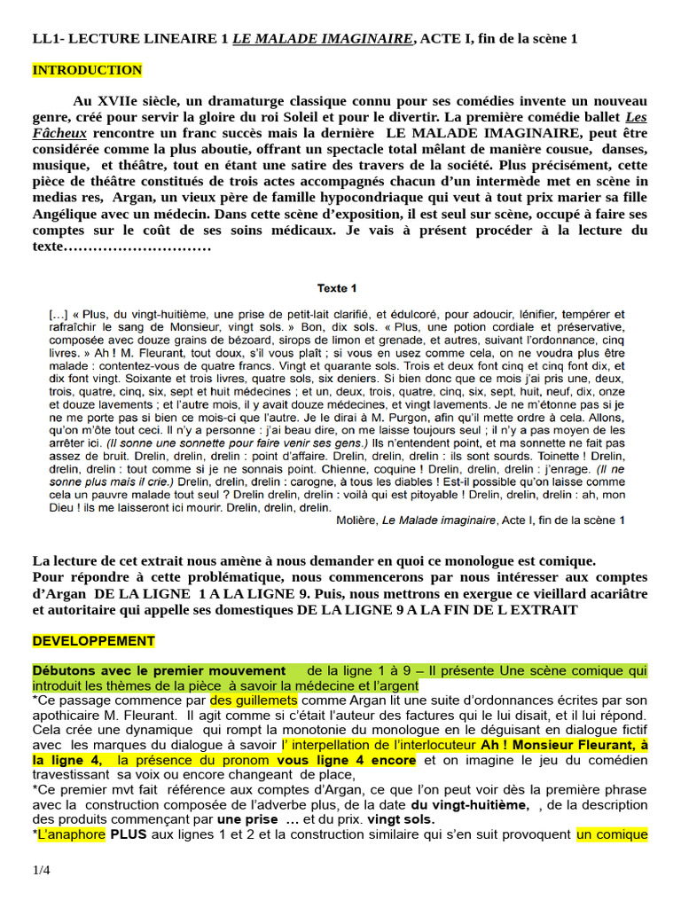 Lecture Linéaire Le Malade Imaginaire | PDF