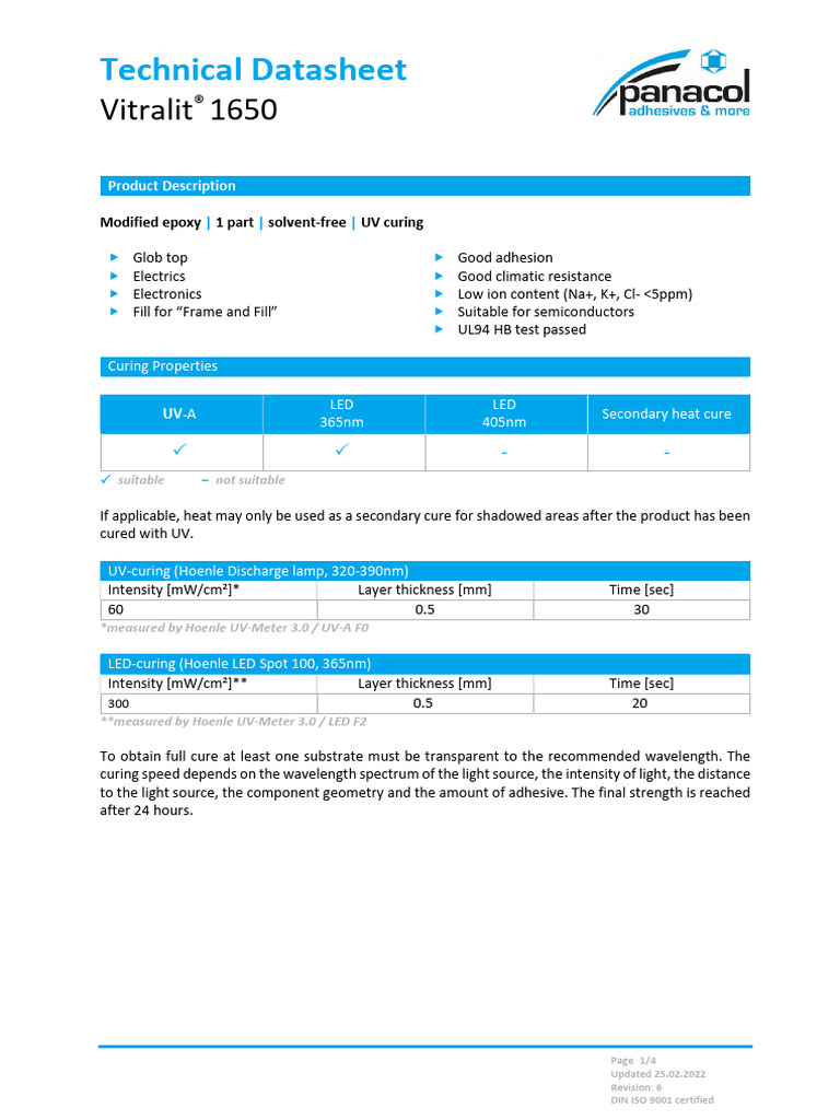 Vitralit 1650 English Tds Panacol Adhesive | PDF | Epoxy | Secondary ...